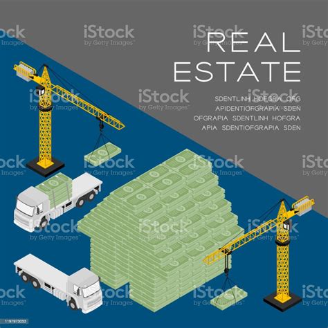 지폐 3d 등각계 부동산 건설 사업 투자 개념 포스터 및 소셜 배너 포스트 스퀘어 디자인 일러스트에서 집 모양 은 파란색 배경 벡터 가정 생활에 대한 스톡 벡터 아트 및