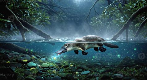A Platypus Swimming In The Water With A Glowing Light 59005008 Stock