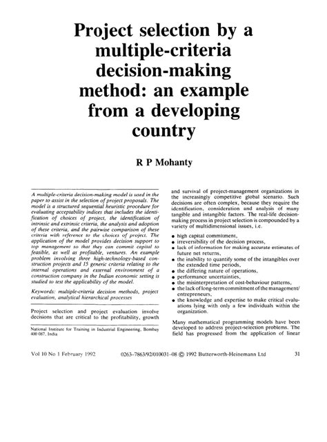 Pdf Project Selection By A Multiple Criteria Decision Making Method An Example From A