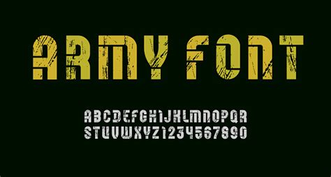 스텐실 육군 글꼴 응축 굵은 군사 알파벳 현대 기하학적 모듈 문자 및 숫자 더러운에 대한 스톡 벡터 아트 및 기타 이미지