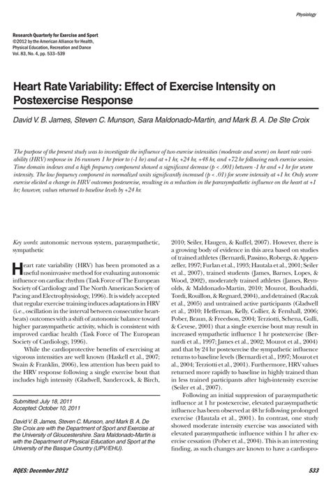 Pdf Heart Rate Variability Effect Of Exercise Intensity On Postexercise Response