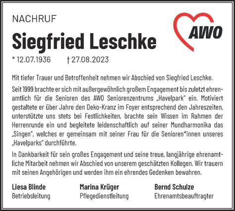 Traueranzeigen Von Siegfried Leschke Märkische Onlinezeitung Trauerportal