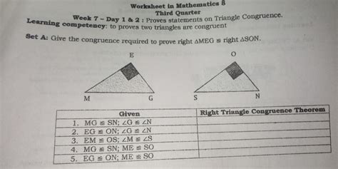Solved Worksheet In Mathematics 8 Third Quarter Week 7 Day 1 And 2 Proves Statements On