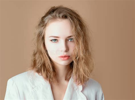 Woman In Shirt Seductive Girl Portrait Fashion Style Vogue Stock