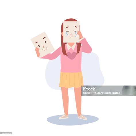 어린 시절의 우울 숨겨진 감정을 가진 슬픈 아이 괜찮은 척하지만 슬픔을 숨기는 어린 아이 플랫 벡터 만화 그림 감정에 대한 스톡 벡터 아트 및 기타 이미지 Istock