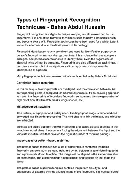 Types Of Fingerprint Recognition Techniques Bahaa Abdul Hussein Pdf