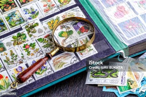 우표와 돋보기의 Philatelycollection Of Stamps And Magnifying Glass 봄을 테마로 한 우표 수집 오래된 우표를 보관하기 위한 수납 도서