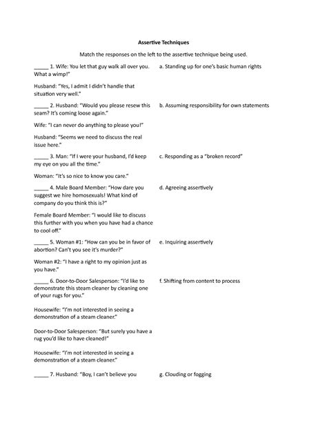 Assertiveness Techniques Student Version Assertive Techniques Match Assertiveness Techniques Student Version Assertive Techniques Match