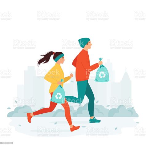 젊은 여성과 남자는 조깅하는 동안 쓰레기 쓰레기 폐기물을 수집합니다 도시 공원에서 채찍질 친환경 및 환경 친화적 인 생태 학적 개념 건강한 가족 생활 방식 벡터