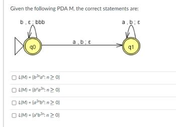 Answered Given the following PDA M the correct statements are b e bbb a b e 90 L M b³na