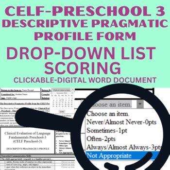 DROP DOWN LIST Scoring Form CELf PREbabe Descriptive Pragmatics Profile