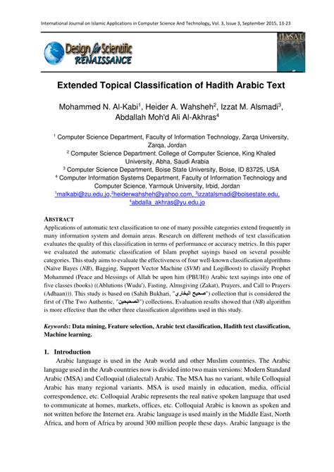 Pdf Extended Topical Classification Of Hadith Arabic Text