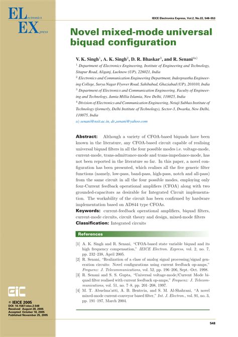 Pdf Novel Mixed Mode Universal Biquad Configuration