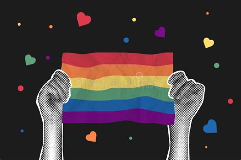 Trendy Halftone Collage On Dark Background Hands Holding Lgbt Emblems