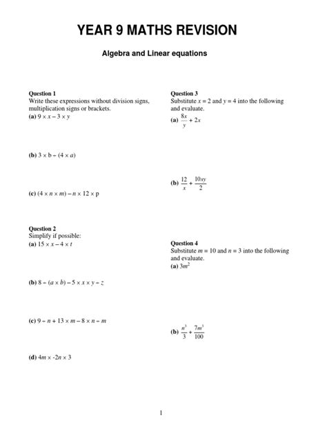 Y9 Algebra Linear Equations Revision 2018 Pdf Factorization