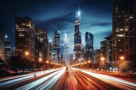Premium Ai Image Ai Generative A Dynamic Cityscape At Night With Streaks Of Light From Passing
