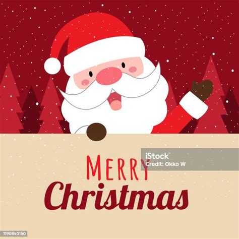귀여운 가와이이 손으로 메리 크리스마스 는 웃고 재미있는 얼굴과 큰 간판을 들고 산타 클로스 를 그린 만화 벡터 문자 그림 플랫 디자인 배경 인사말 초대 엽서 배너 Eps