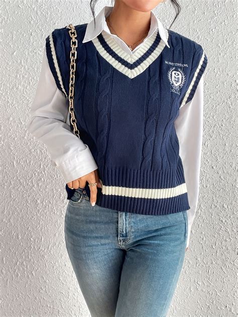Badge Pattern V Neck Cable Knit Vest Casual Sleeveless Preppy Style