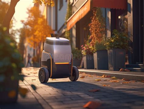 Cute Orange Delivery Robot Rides The Streets Of The City At Sunny Day Modern Delivery Concept
