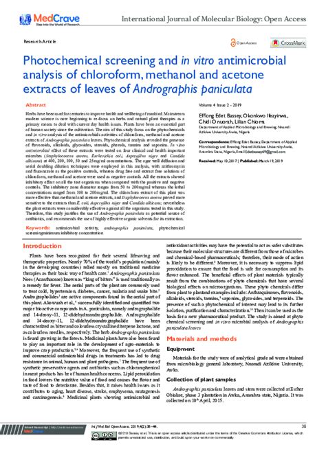 Pdf Photochemical Screening And In Vitro Antimicrobial Analysis Of Chloroform Methanol And