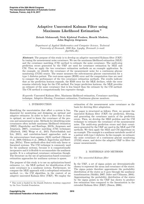 Pdf Adaptive Unscented Kalman Filter Using Maximum Likelihood Estimation