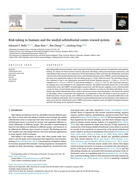 Pdf Risk Taking In Humans And The Medial Orbitofrontal Cortex Reward