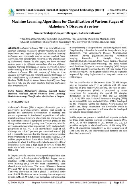 Pdf Irjet Machine Learning Algorithms For Classification Of Various