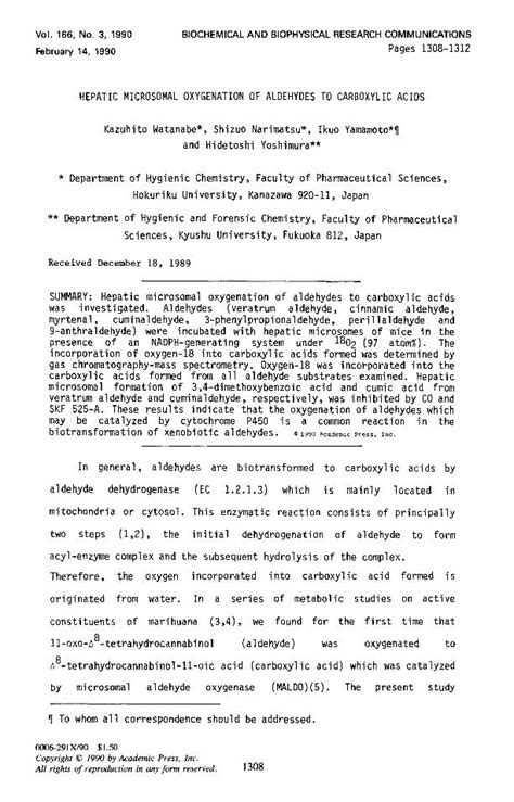 Pdf Hepatic Microsomal Oxygenation Of Aldehydes To Carboxylic Acids