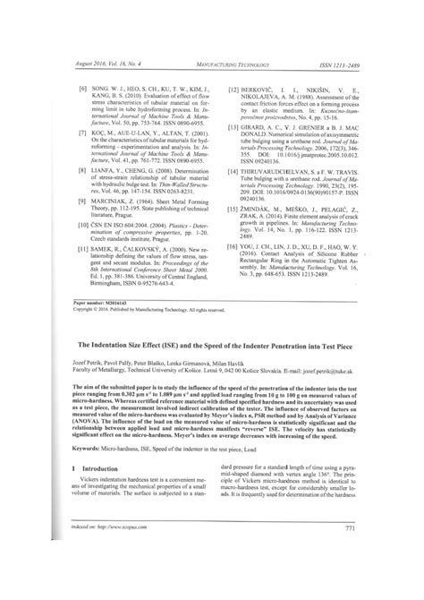 Pdf The Indentation Size Effect Ise And The Speed Of The Indenter Penetration Into Test Piece