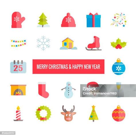 기쁜 성 탄과 새 해 복 많이 받으세요 벡터 평면 아이콘 세트 현대 아이콘 웹 인쇄 모바일 애플 리 케이 션 디자인 12월에 대한 스톡 벡터 아트 및 기타 이미지 Istock
