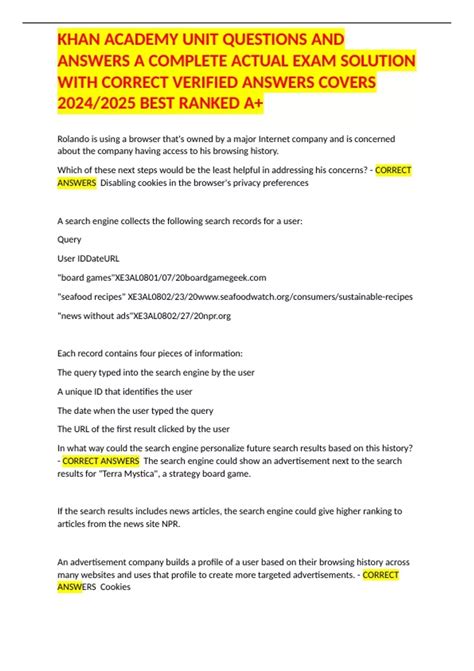 Khan Academy Unit Questions And Answers A Complete Actual Exam Solution With Correct Verified