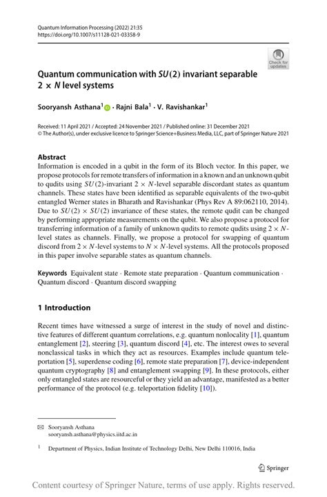 Quantum Communication With Su2 Invariant Separable 2times N Level Systems Request Pdf