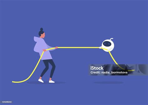 줄다리기 인간 대 인공 지능 기술 경쟁 밧줄을 당기는 젊은 여성 캐릭터 줄다리기에 대한 스톡 벡터 아트 및 기타 이미지