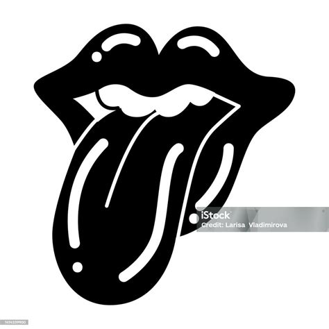 혀가 어슬렁거리는 미소를 짓는 입 빈티지 8090 년대 로큰롤 음악 밴드 콘서트 파티를위한 만화 록 스타 아이콘 펑크 낙서 벡터 일러스트레이션 흰색 배경에 격리 된 요소 락