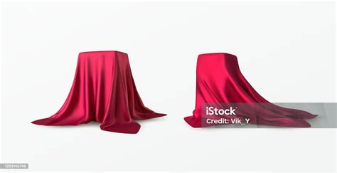 붉은 실크 천으로 덮여 현실적인 상자 흰색 배경에 격리 사 틴 원단 웨이브 감촉 소재 직물 디자인 직물 벡터 일러스트레이션
