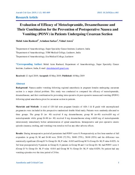 Pdf Evaluation Of Efficacy Of Metoclopramide Dexamethasone And Their