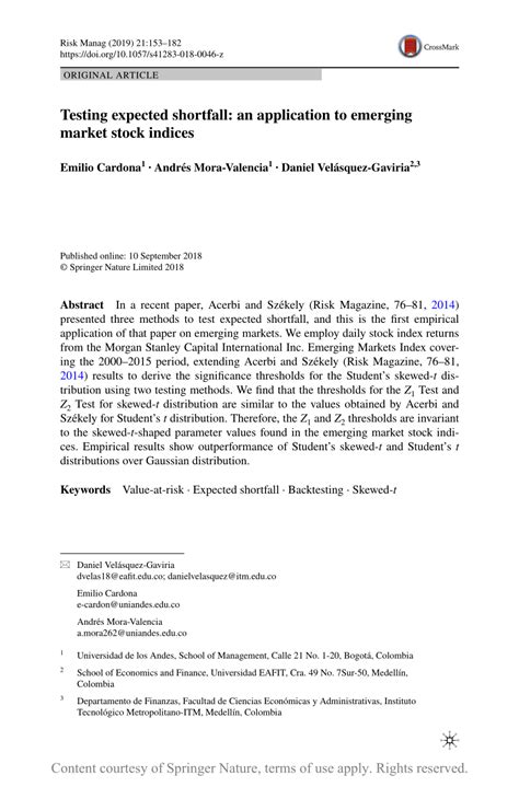 Testing Expected Shortfall An Application To Emerging Market Stock Indices Request Pdf