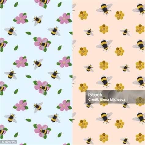 매끄러운 패턴의 집합 꽃과 꿀에 꿀벌은 파란색과 복숭아 색상 배경에 빗 인쇄 포장지 섬유 의류 벌에 대한 스톡 벡터 아트 및 기타 이미지 Istock