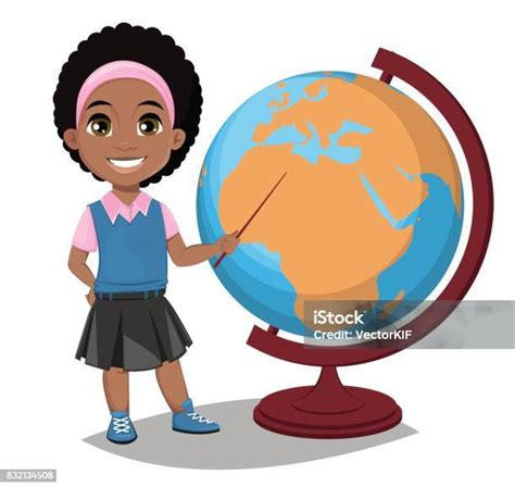 학교 돌아가기 귀여운 아프리카계 미국 흑인 여자는 포인터와 함께 세계를 가리킵니다 예쁜 여 학생입니다 9월에 대한 스톡 벡터 아트 및 기타 이미지 Istock