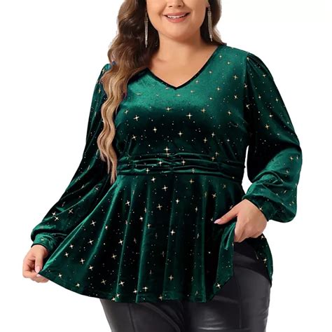 Plus Size Velvet Tops For Women V Neck Long Sleeve Shiny Gilding