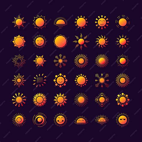벡터 태양 로고 세트 천연 에너지 기호 여행 로고타입 태양 로고 태그 스탬프 티셔츠 배너 상징 태양 아이콘 벡터 10eps에 대한 배경에 격리된 다채로운 그라데이션 스타일