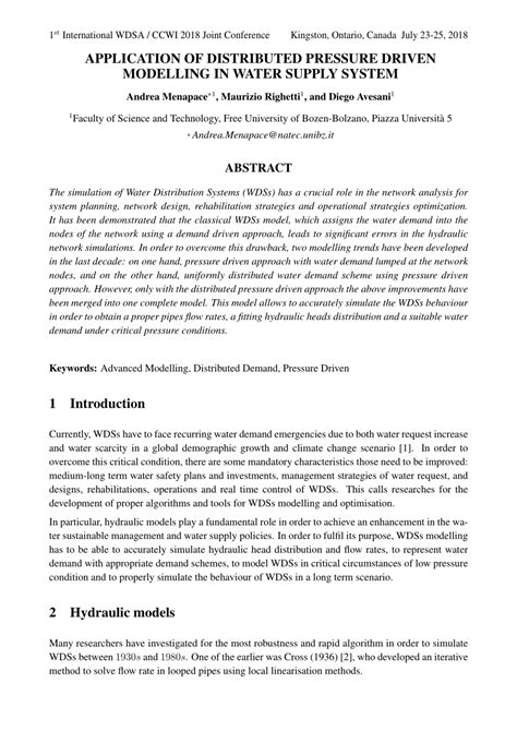 Pdf Application Of Distributed Pressure Driven Modelling In Water Supply System
