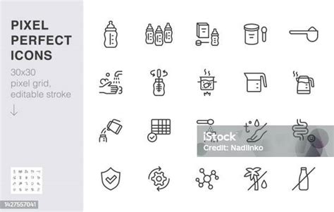 유아식 라인 아이콘 세트 유아용 분유 병 손 씻기 살균 소화 최소 벡터 일러스트 레이 션 분말 우유 패키지에 대한 간단한 개요 기호 30x30 픽셀 완벽한 편집 가능한