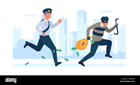 Policeman In Pursuit Of Robber Thief With Money Bag Running Away From