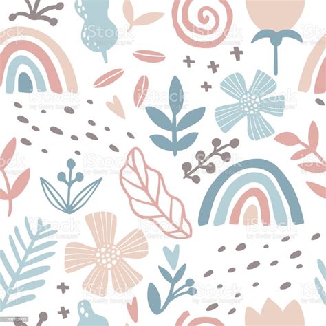 무지개 꽃 무음 패턴 손으로 그린 간단한 낙서 만화 스타일의 추상적 인 타일 핑크 블루 파스텔 팔레트의 스칸디나비아 벡터 일러스트레이션 꽃무늬에 대한 스톡 벡터 아트 및