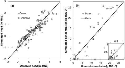 Comparison Of Observed And Simulated Heads A And Concentration B