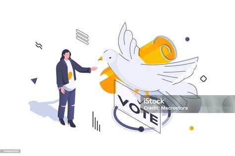 3d 등각 투영 설계의 선거 및 투표 개념 평화 외교와 비둘기 상징을 가진 정당을 위해 민주 선거에서 투표하는 여성 웹 그래픽을 위한 아이소메트릭 인물 장면이 있는 벡터
