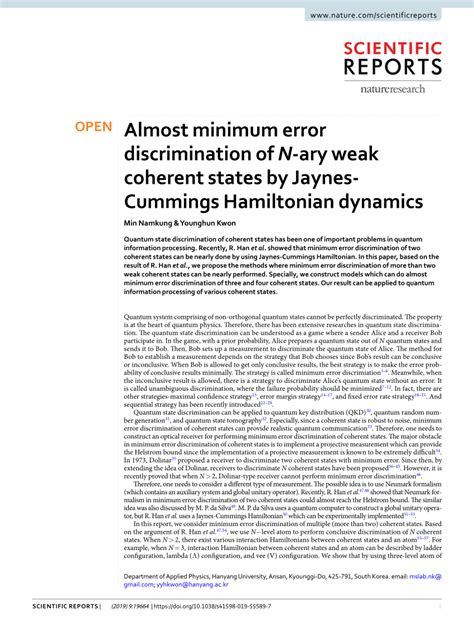 Pdf Almost Minimum Error Discrimination Of N Ary Weak Coherent States By Jaynes Cummings
