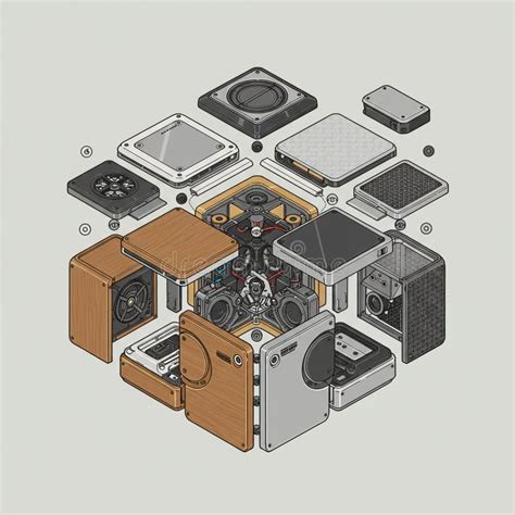 A Detailed Isometric Illustration Depicting A Speaker System In An Exploded View Stock