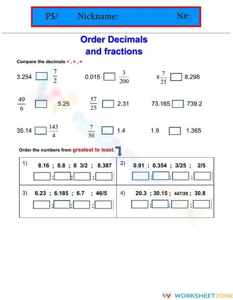 Compare Order Decimals And Fractions Worksheet